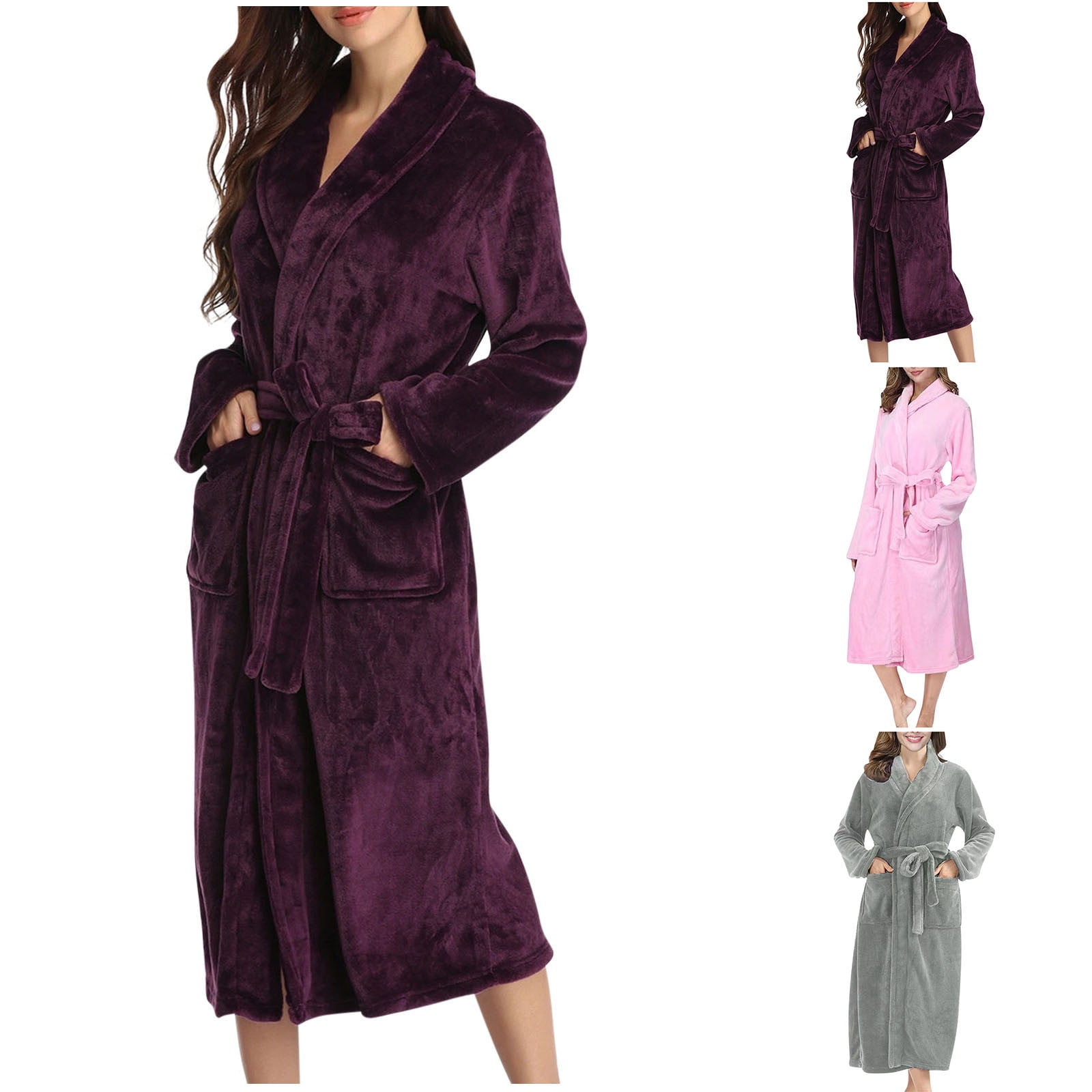 Antinious Women Cozy Solid Flannel Notched Collar Robe Loose Pockets ...