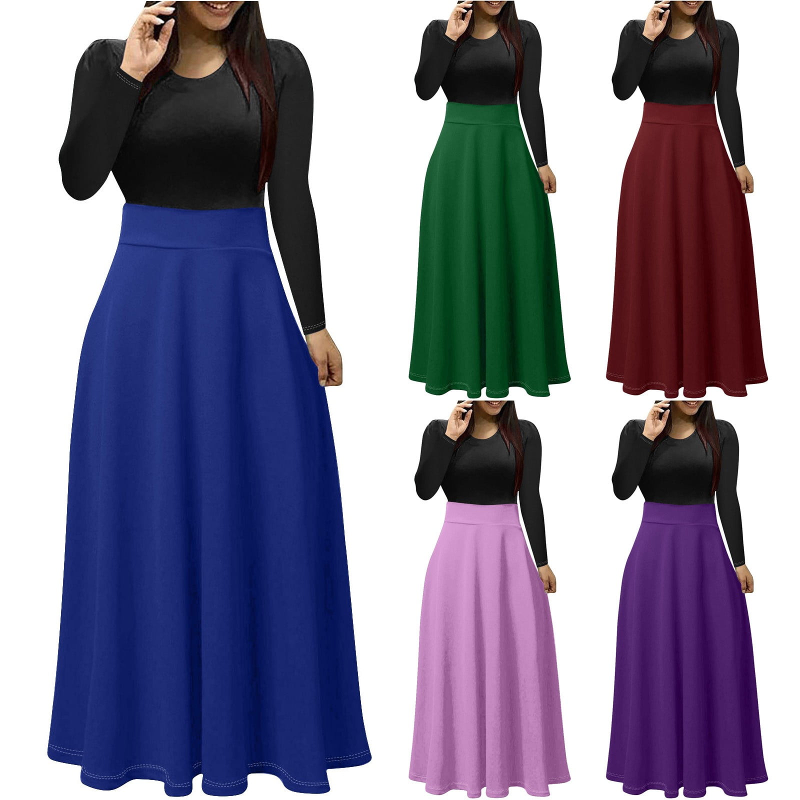 Antinious Women Elegant Princess Long Dress Solid Color Crew Neck Long ...
