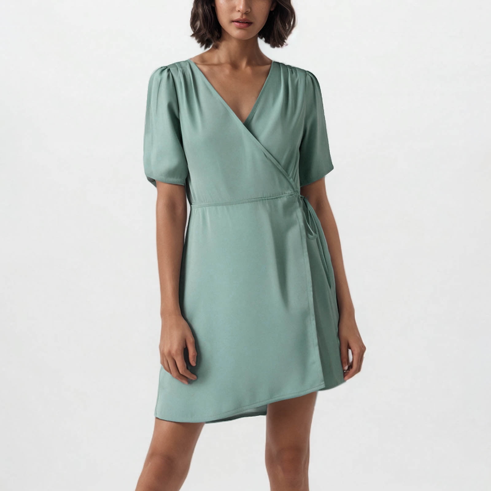Antinious Women Evening Dresses Solid Silk Like V-Neck Short Sleeve ...