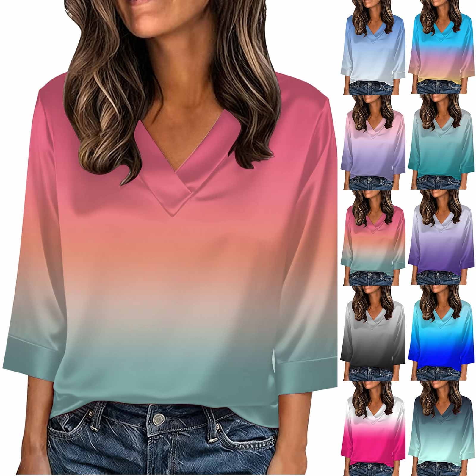 Antinious Women Fashion Casual Gradient Print V-Neck 3/4 Sleeve ...