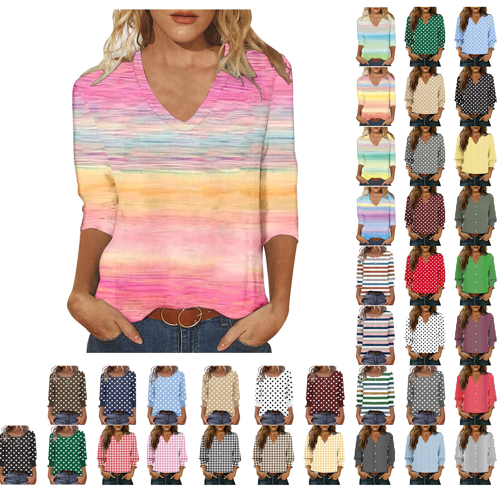 Antinious Women Fashion Print Button 3/4 Sleeve Round Neck Breathable T ...