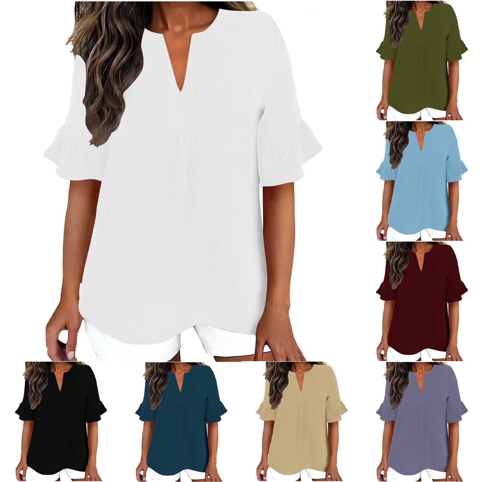 Antinious Women Fashion Solid Soft V-Neck Ruffle Short Sleeve Everyday ...