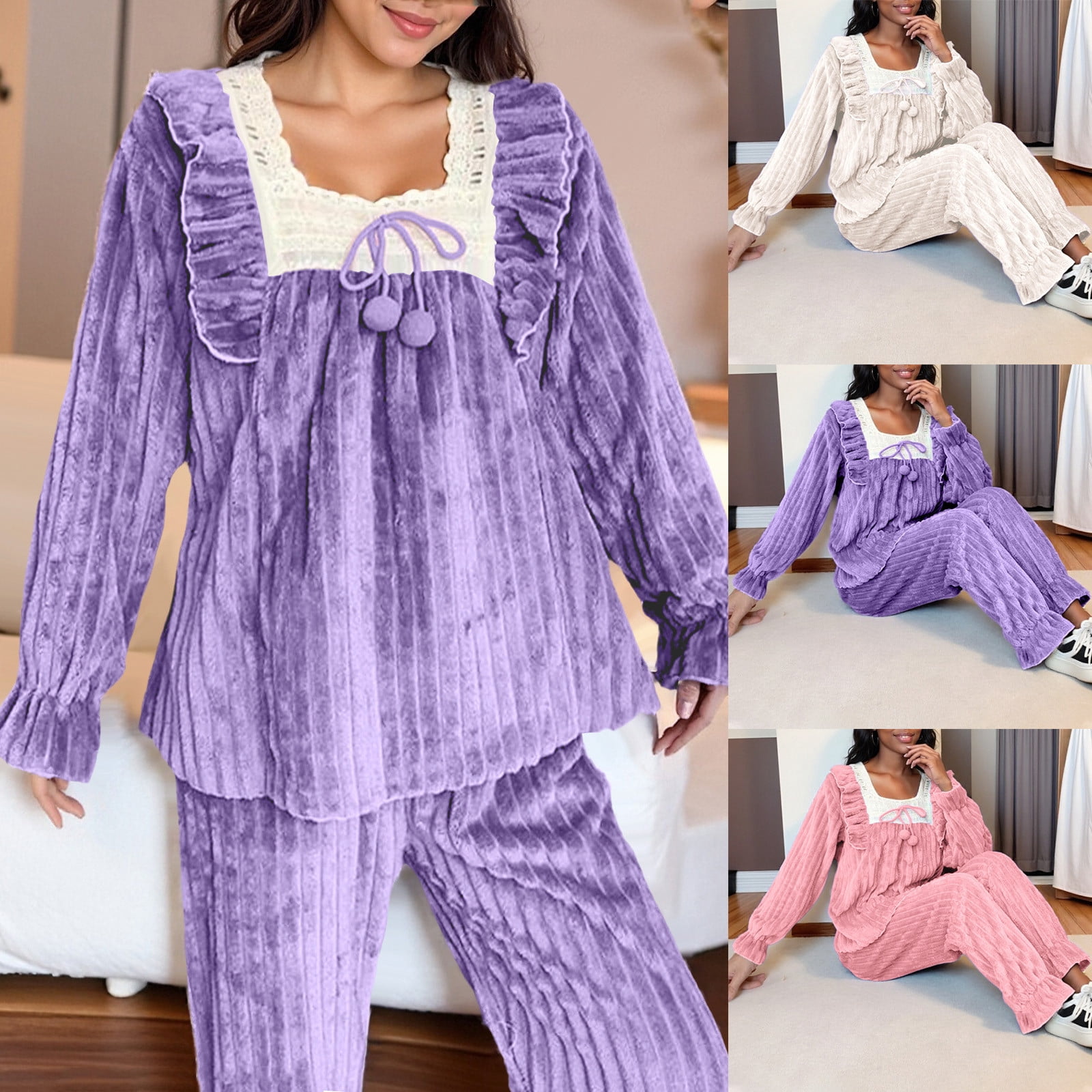 Antinious Women Fleece Princess Style Set Long Sleeve Sleepwear Set ...
