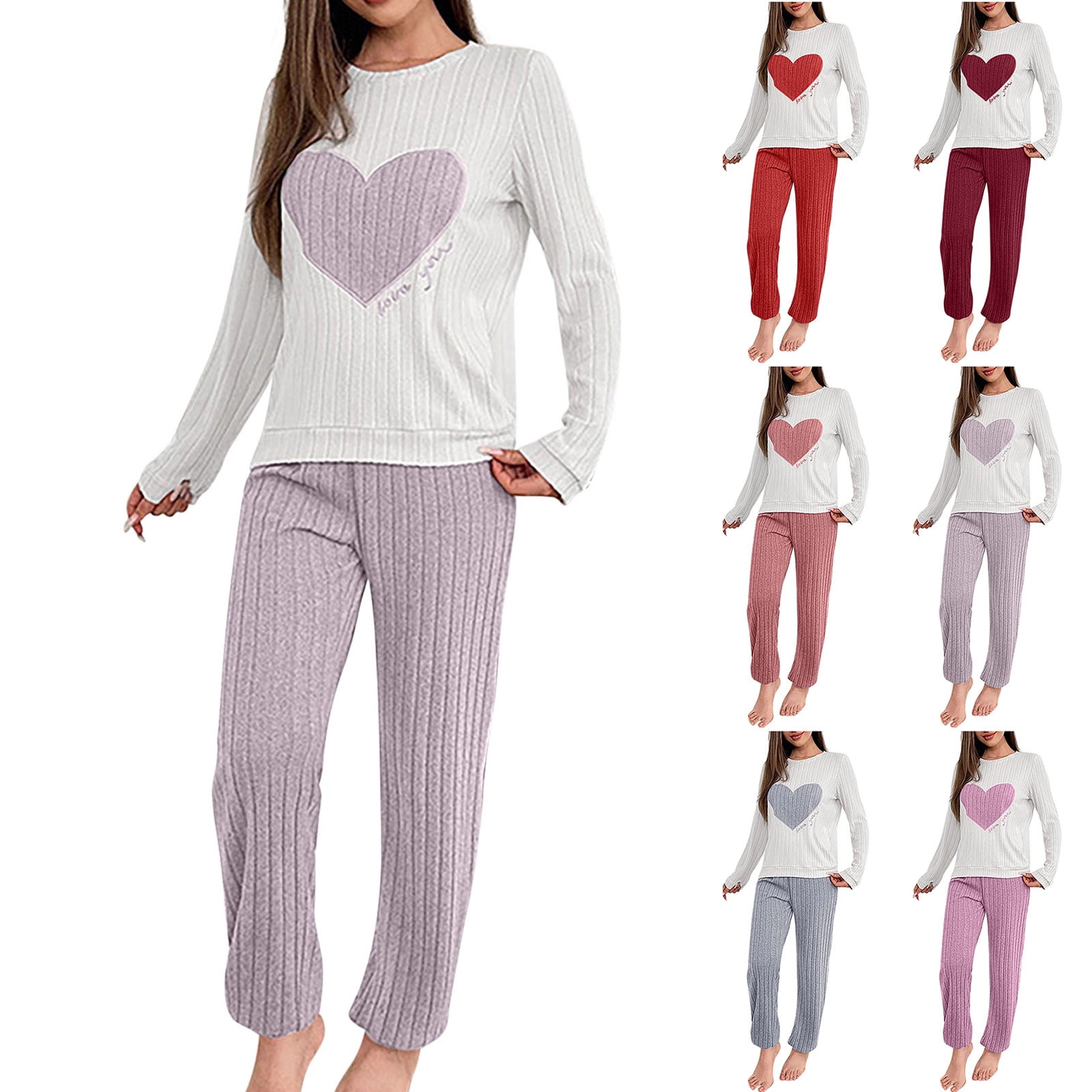 Antinious Women Heart Color Block Crew Neck Long Sleeve 2 Piece Pajamas ...