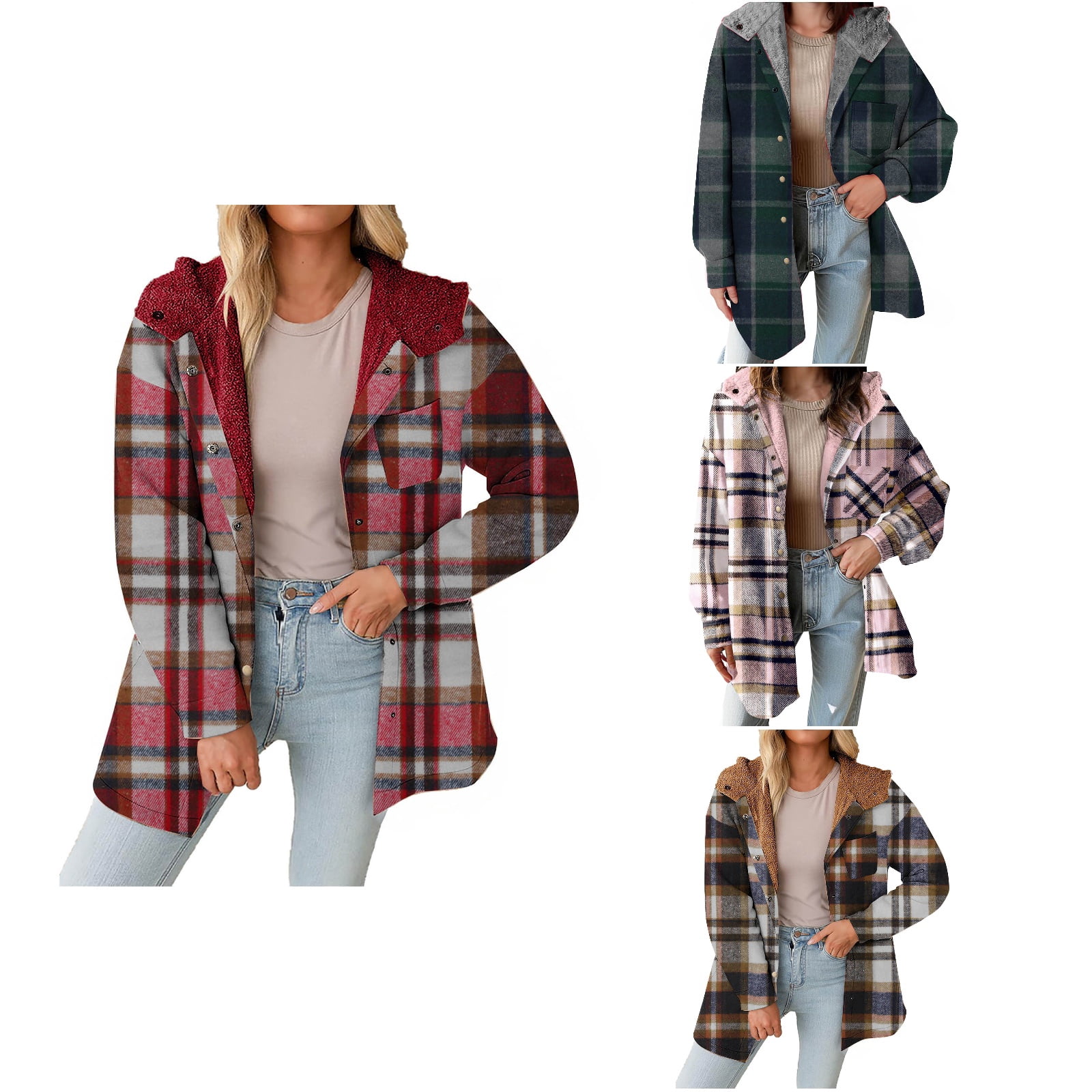 Antinious Women Hooded Plaid Shacket Jacket Casual Print Long Sleeve ...