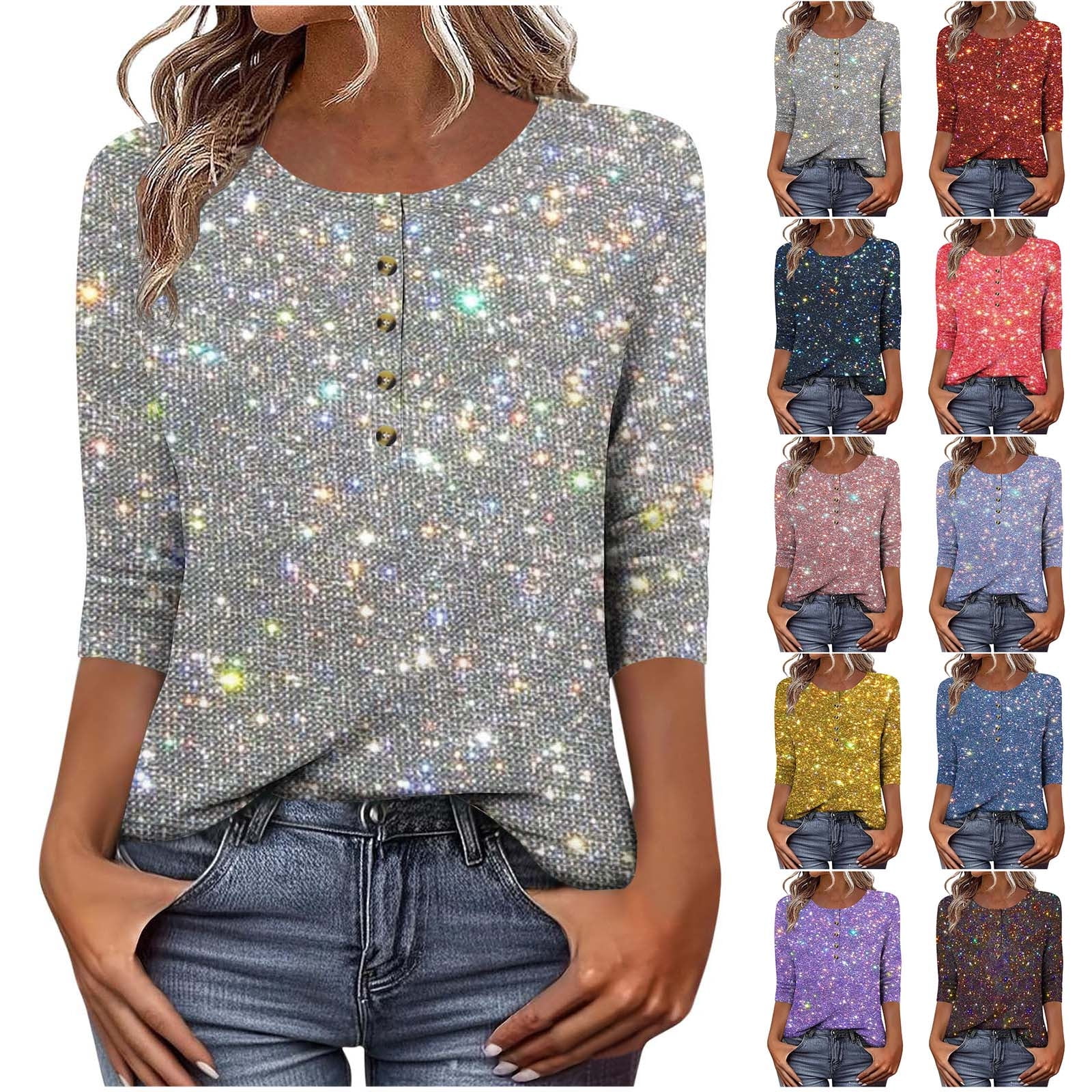 Antinious Women Irregular Print Button 3/4 Sleeve Loose Casual ...