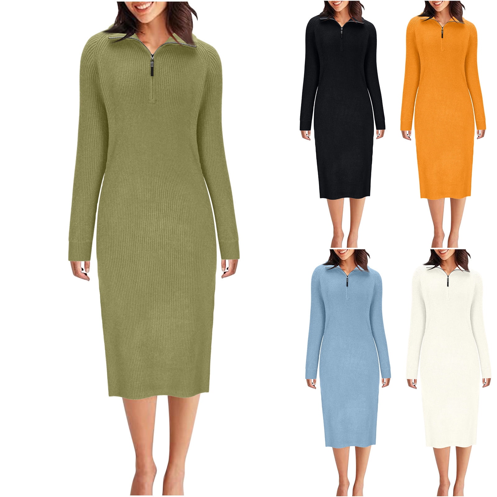Antinious Women Knit Elegant Dress Solid Color Fall Winter Long Sleeve ...