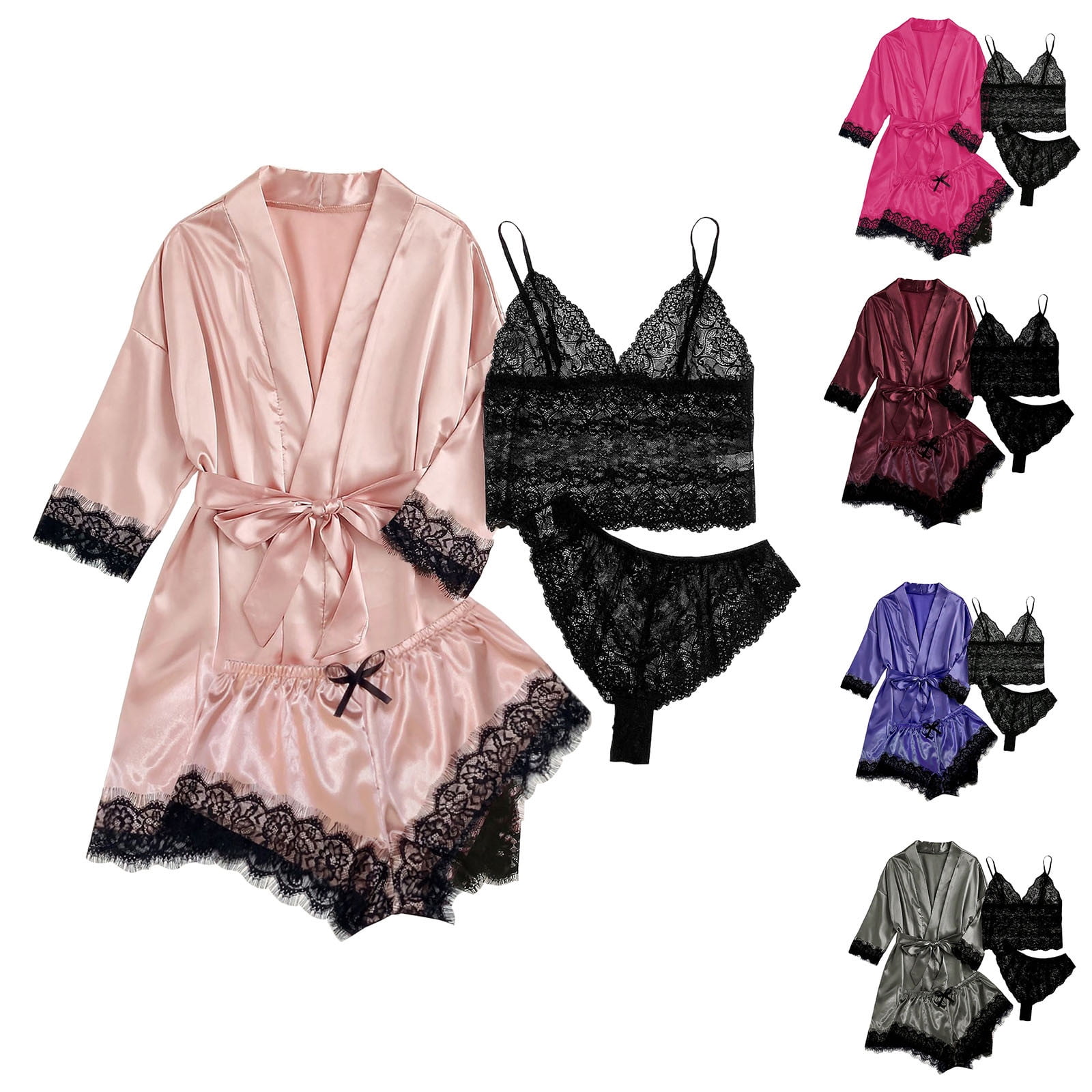Antinious Women Lace Silk Robes Solid Color Robe Set for Women 4 Piece ...