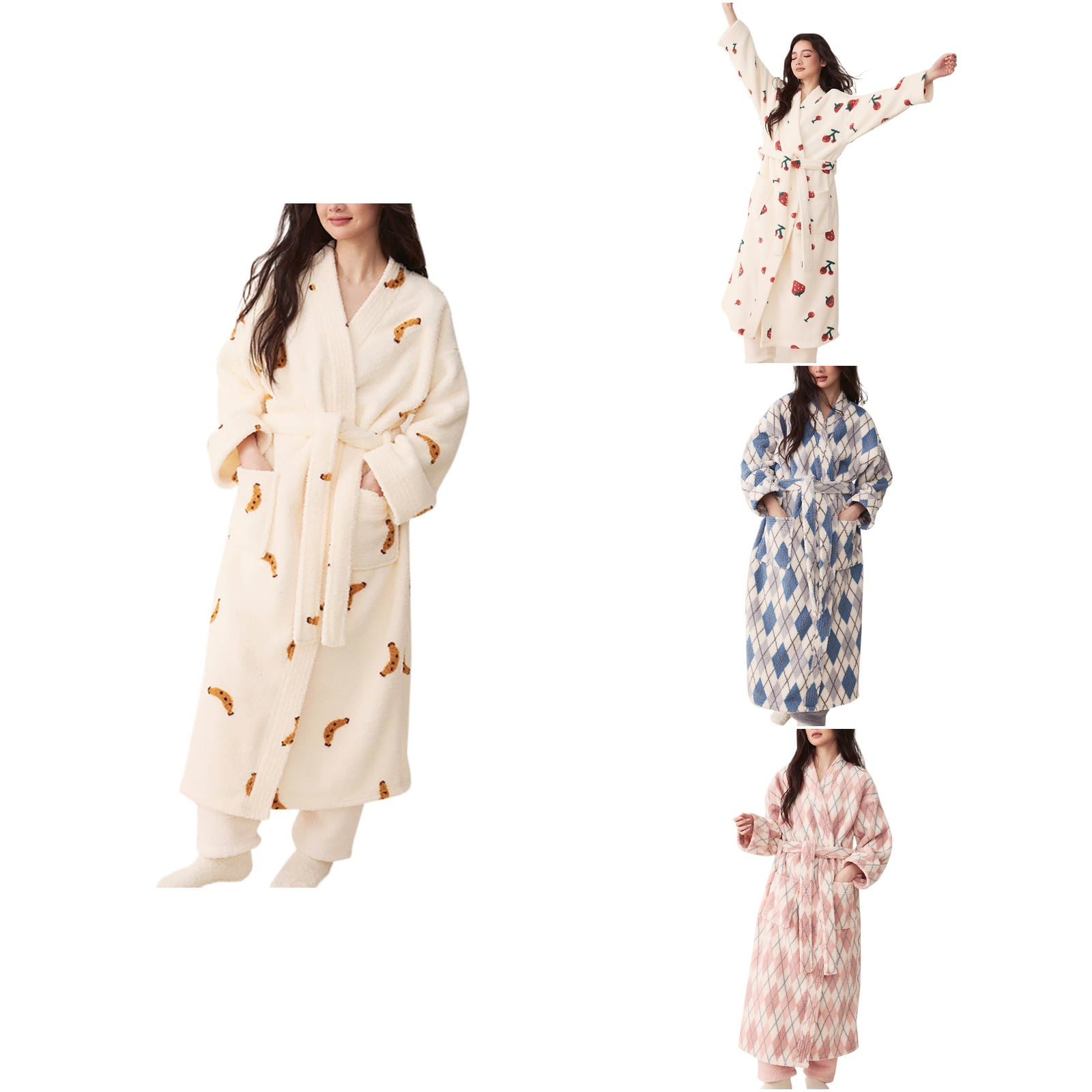 Antinious Women Long Sleeve Print Pocket Drawstring Fleece Robes ...
