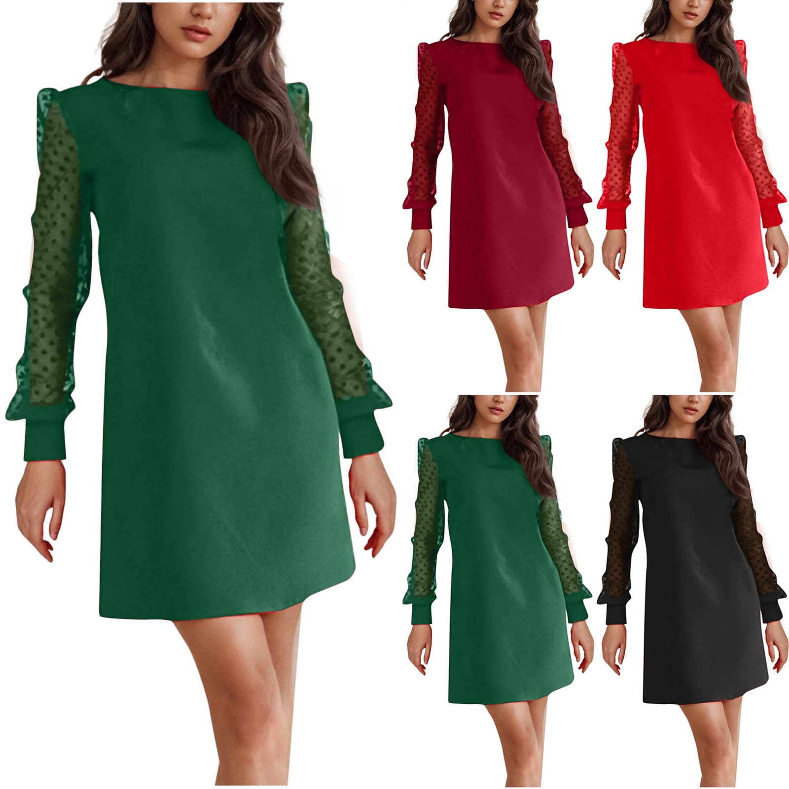 Antinious Women Long Sleeve Solid Crew Neck Frock Dress Mesh Sheer ...