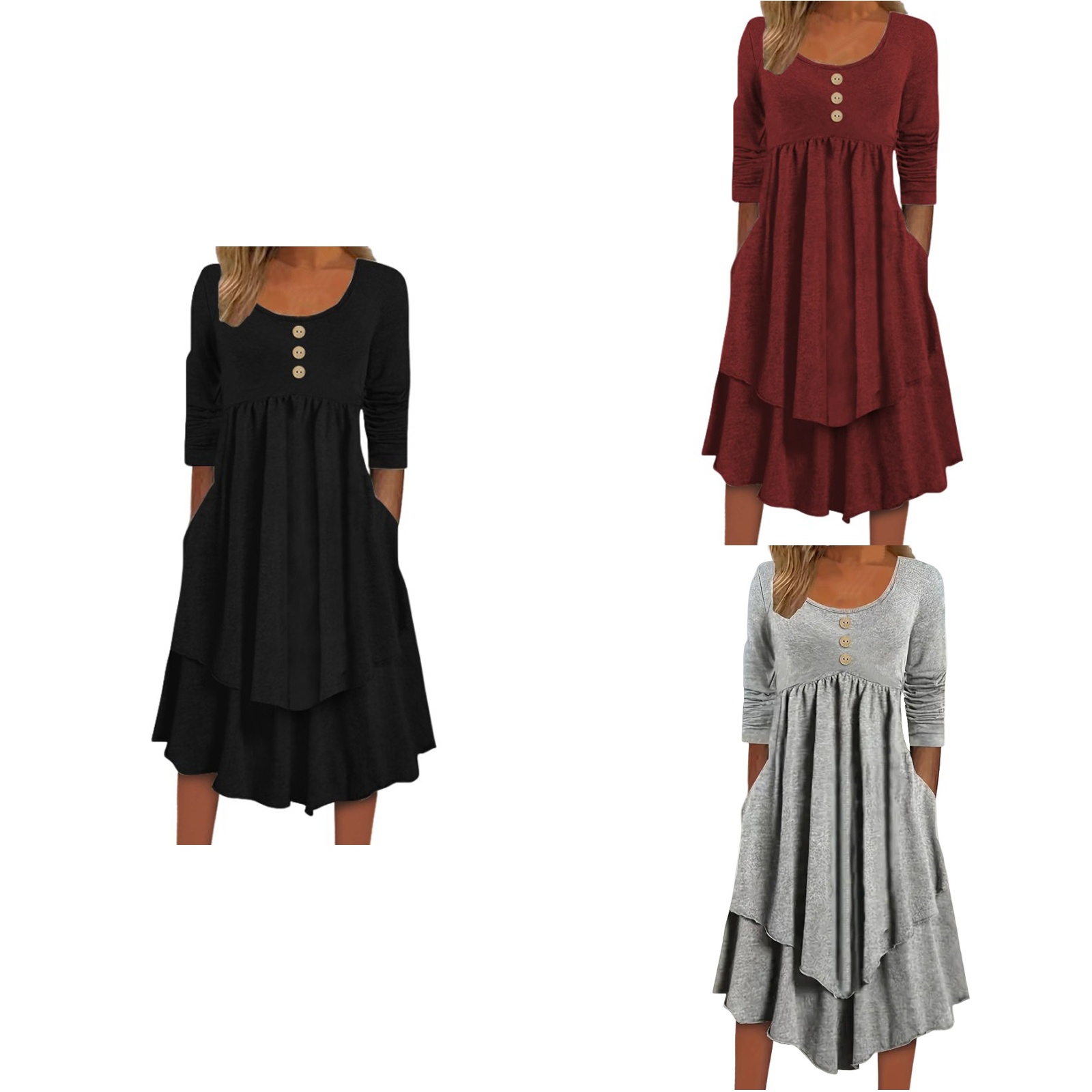 Antinious Women Long Sleeve Solid Frock Dress Crew Neck Knee Length ...