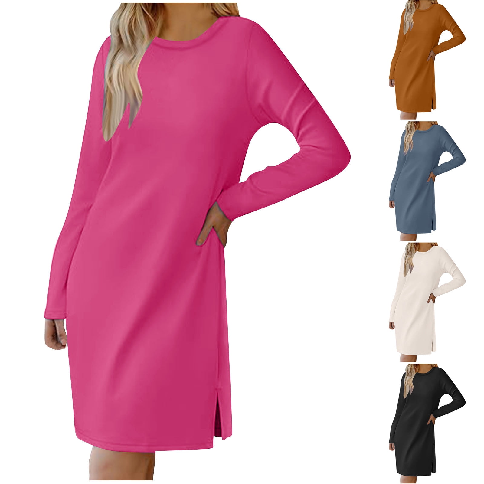 Antinious Women Long Sleeve Solid Crew Neck Fashion Casual Split Beach ...
