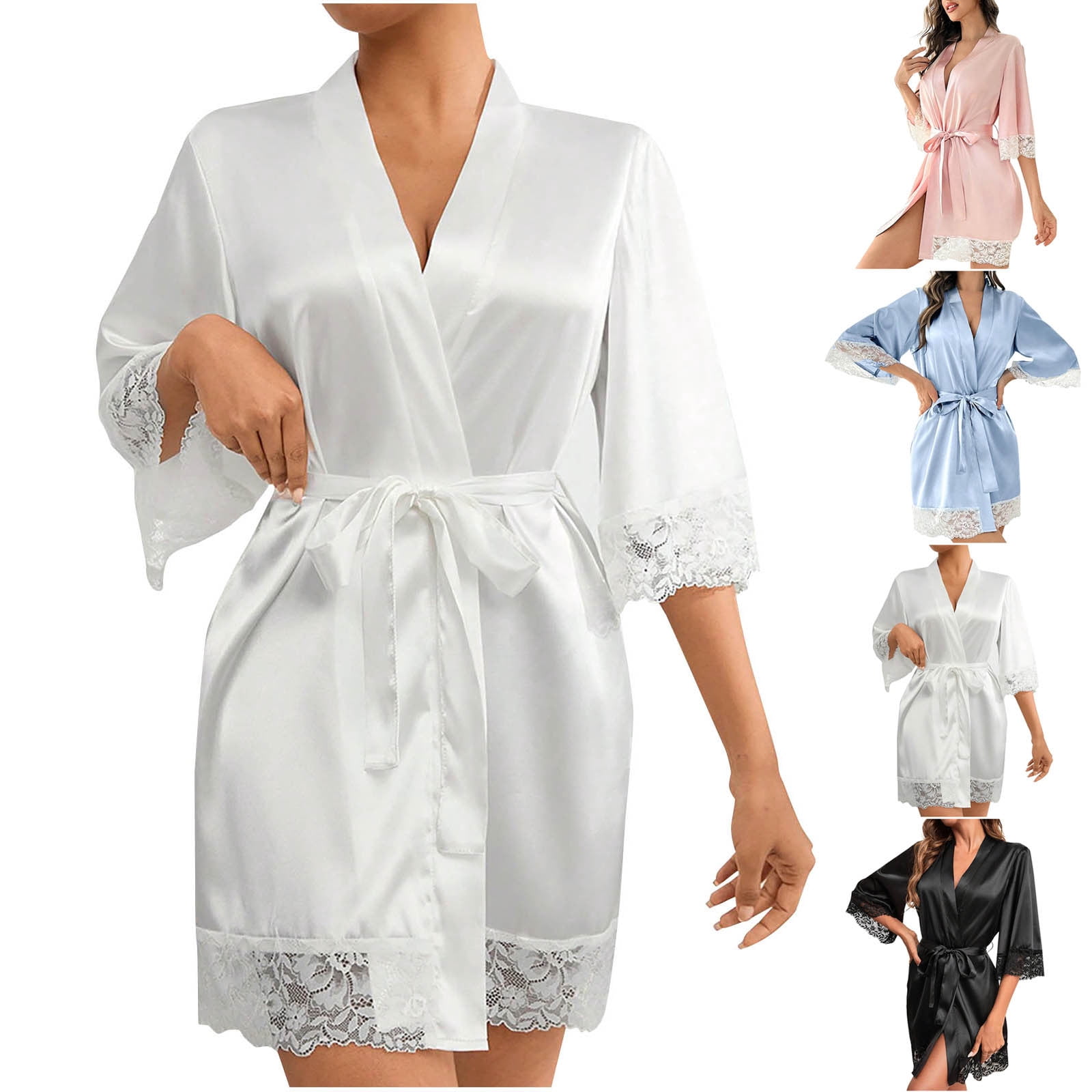 Antinious Women Long Sleeve Solid Color Wrap Sleepwear with Lace Self ...