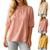 Antinious Women Mock Neck Mid Sleeve Linen Look Lace Button Style ...