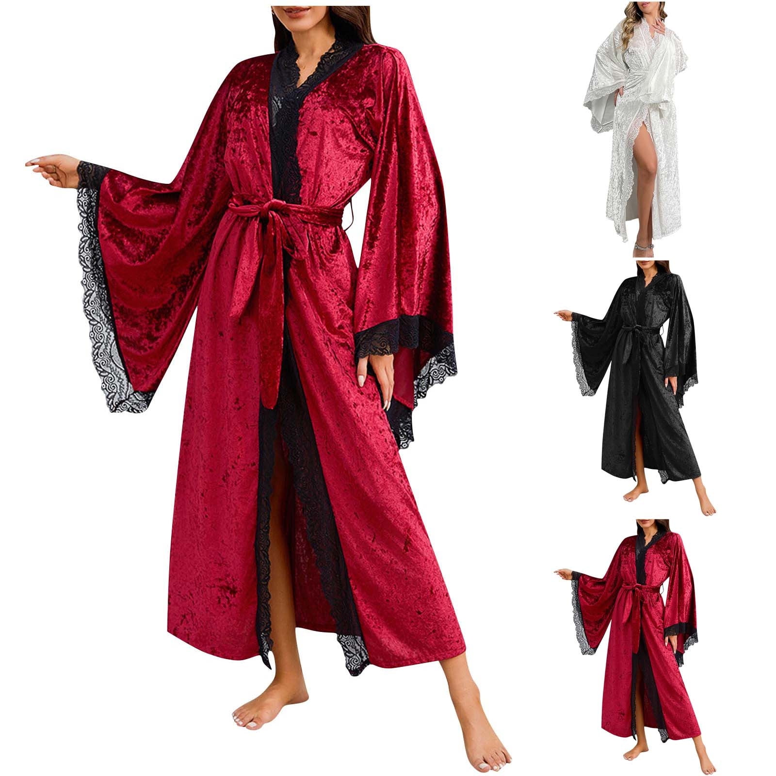 Antinious Women Open Front Velvet Lace Trimmed Robe Long Sleeve Home ...