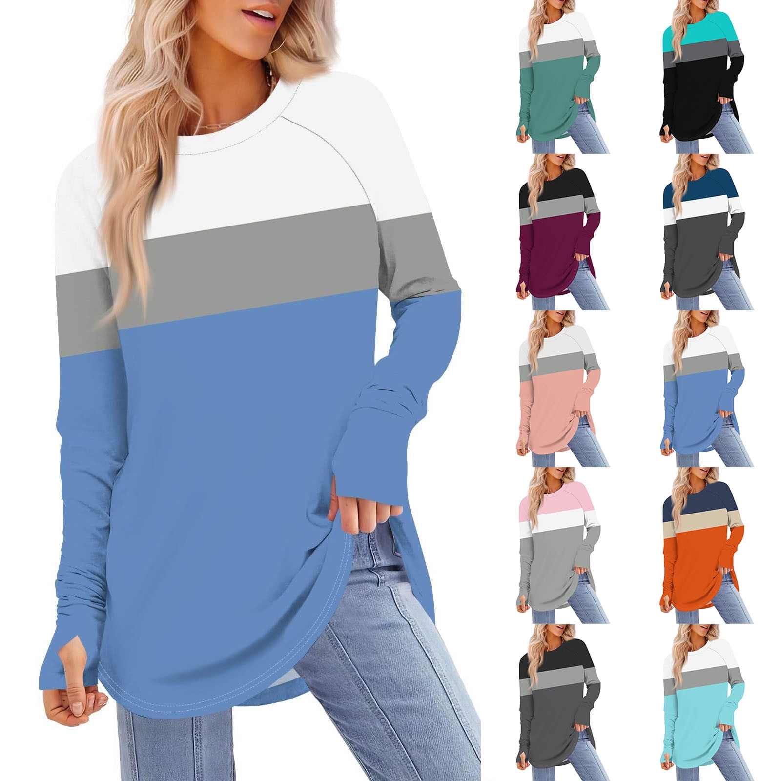 Antinious Women Patchwork Long Sleeve Round Neck Thumb Hole Everyday ...