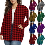 Antinious Women Plus Size Long Sleeve Check Print Cardigan Pocket Daily ...