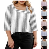 Antinious Women Plus Size Slant Neck 3/4 Sleeve Stripe Button Loose ...