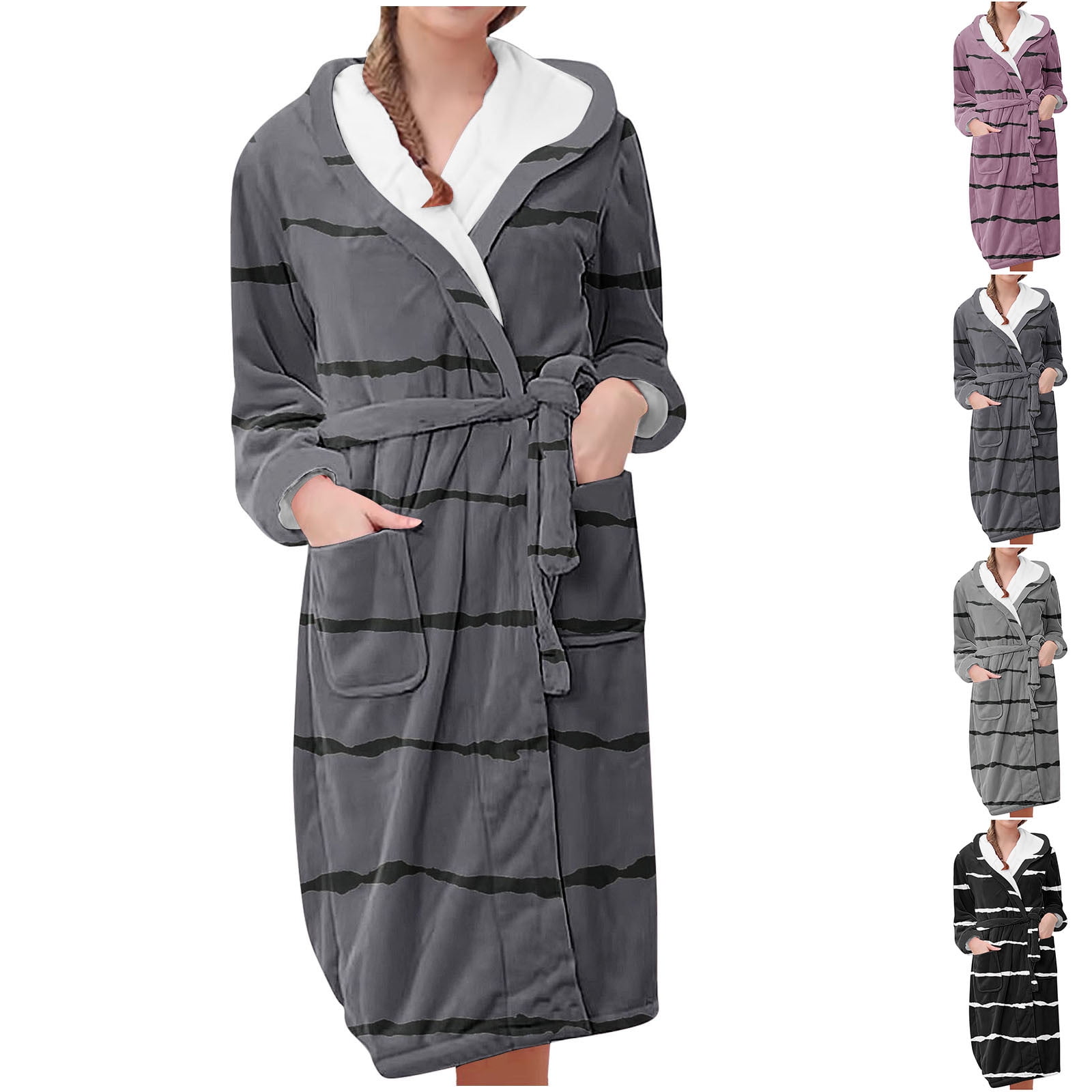 Antinious Women Plus Size Solid Color Fashion Casual Robes Flannel Long ...