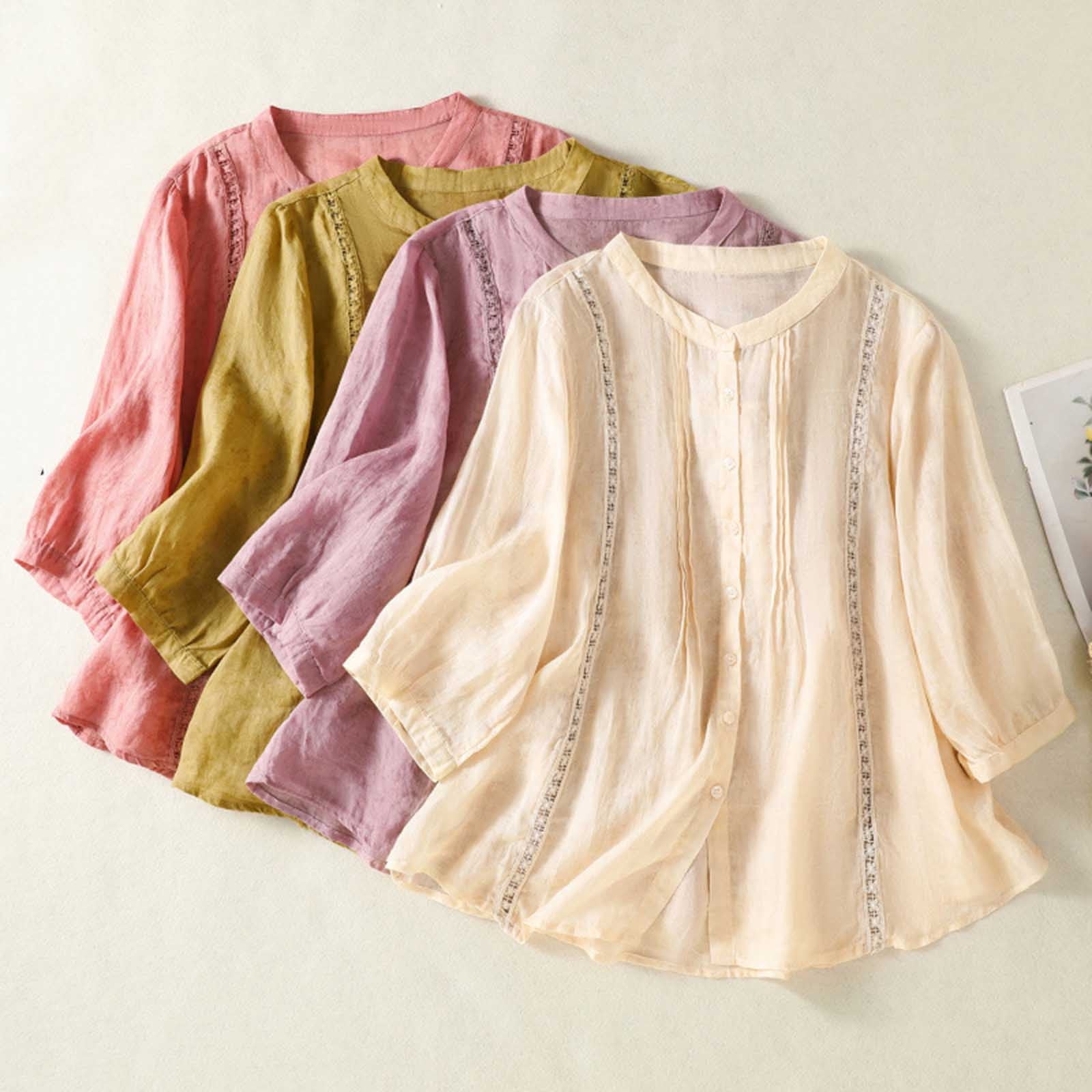Antinious Women Round Neck 3/4 Sleeve Linen Look Hollow Embroidery ...
