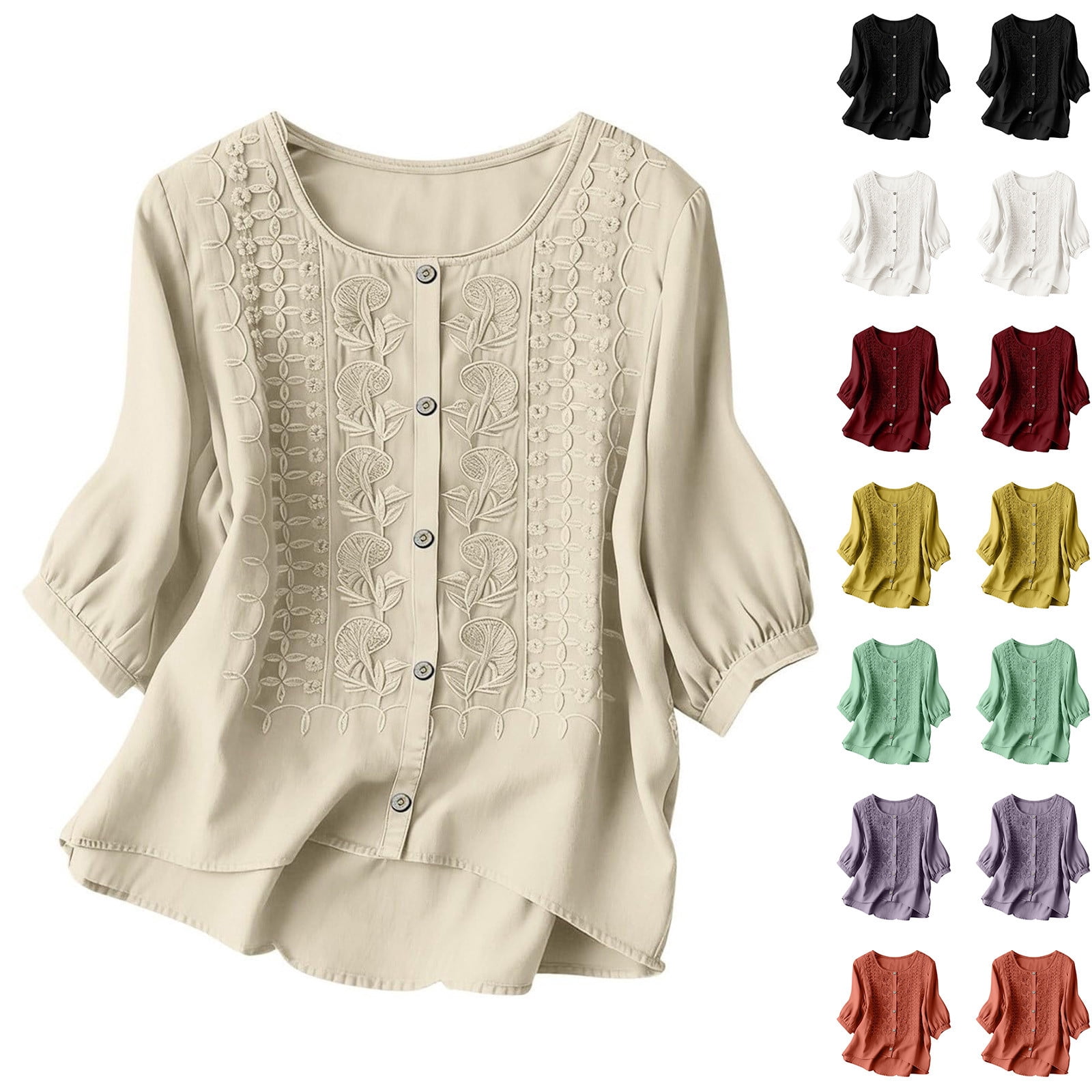 Antinious Women Round Neck 3/4 Sleeve Linen Style Embroidery Open ...