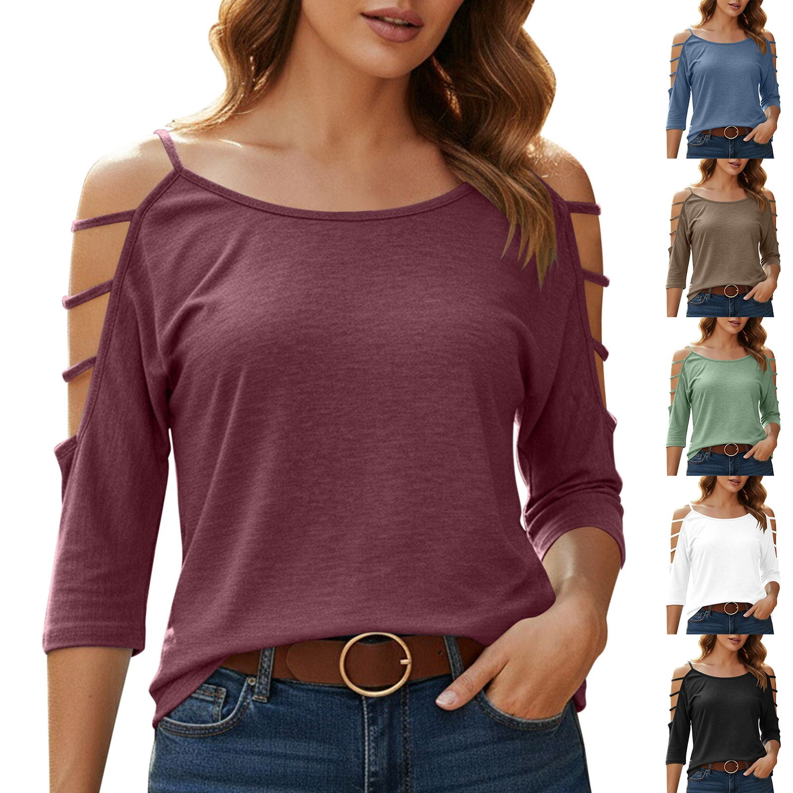 Antinious Women Round Neck Cold Shoulder Mid Sleeve Soft Daily Tops ...
