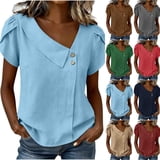Antinious Women Round Neck Short Sleeve Linen Look Petal Sleeve Solid ...