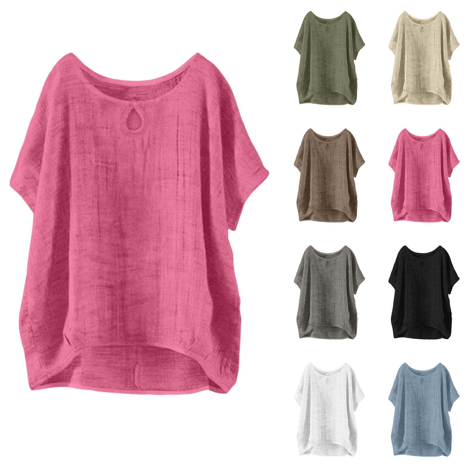 Antinious Women Round Neck Short Sleeve Linen Style Batwing Loose Tops ...