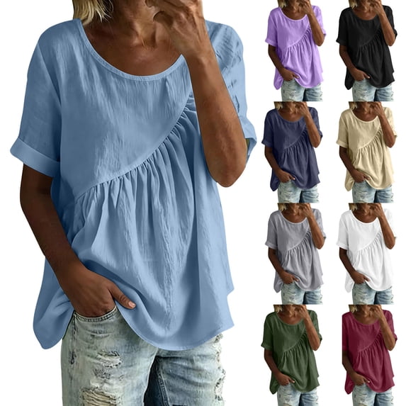 Antinious Women Round Neck Short Sleeve Linen Style Ruched Soft Tops ...