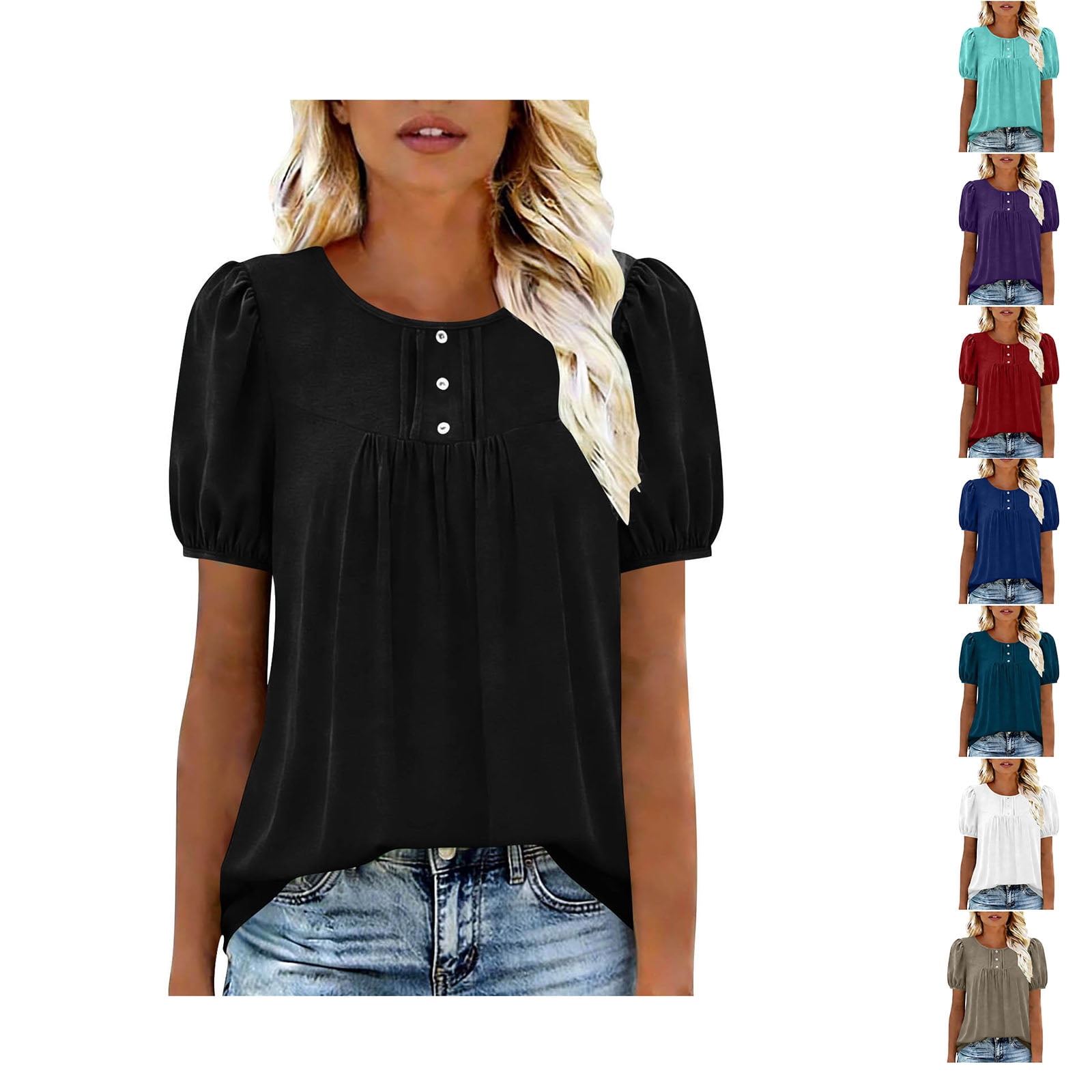Antinious Women Round Neck Short Sleeve Puff Sleeve Chest Ruched Loose ...