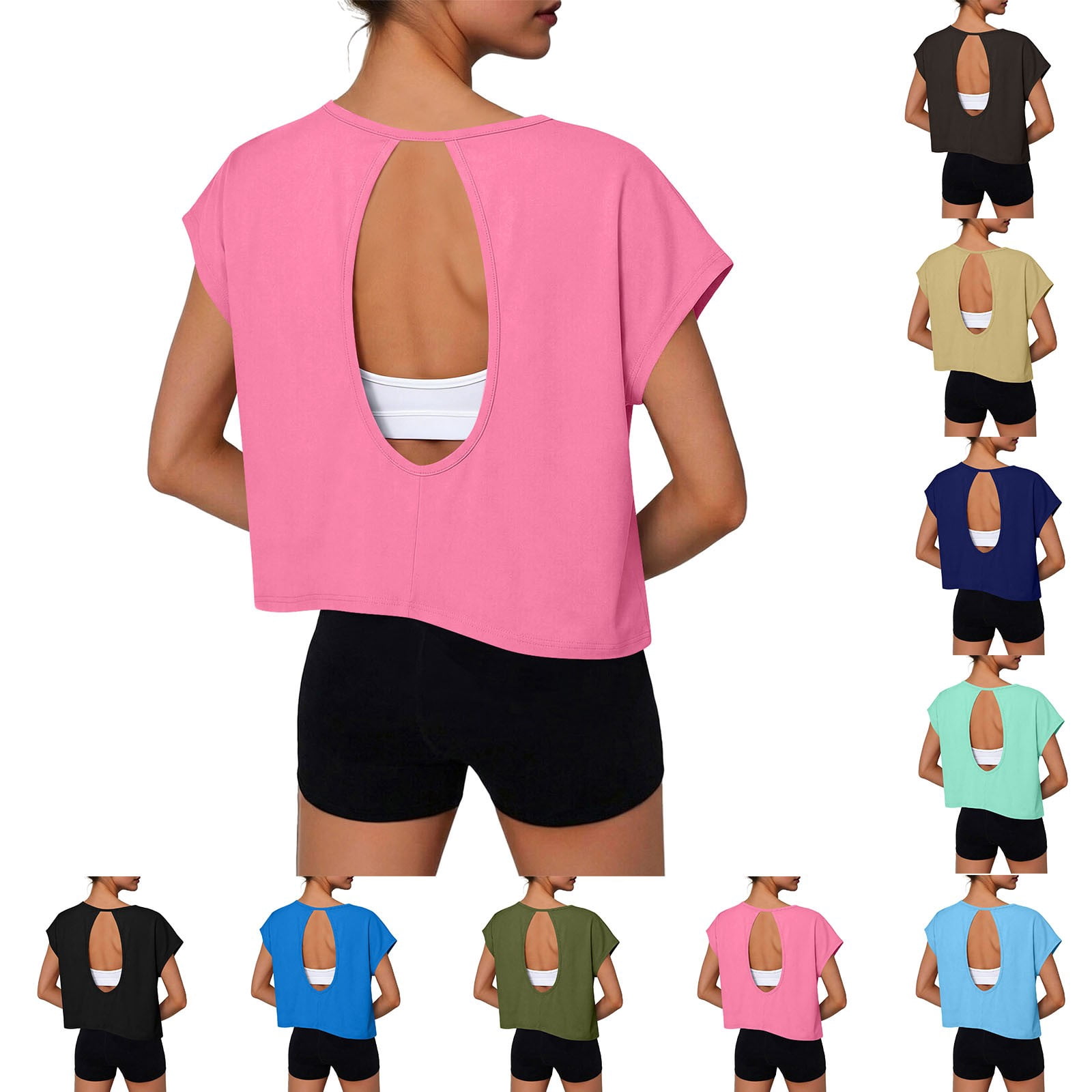 Antinious Women Round Neck Short Sleeve Solid Back Hollow Out Daily ...