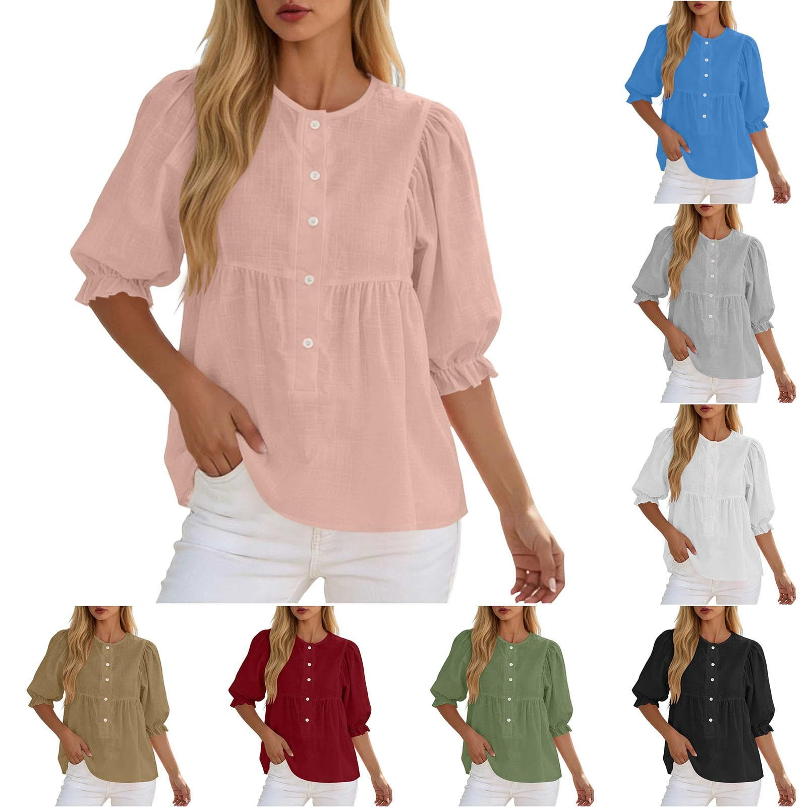 Antinious Women Round Neck Short Sleeve Solid Button Dressy Daily Tops ...