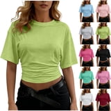 Antinious Women Round Neck Short Sleeve Solid Side Ruched Soft Daily ...