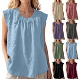 Antinious Women Round Neck Sleeveless Linen Style Neck Button Leisure ...