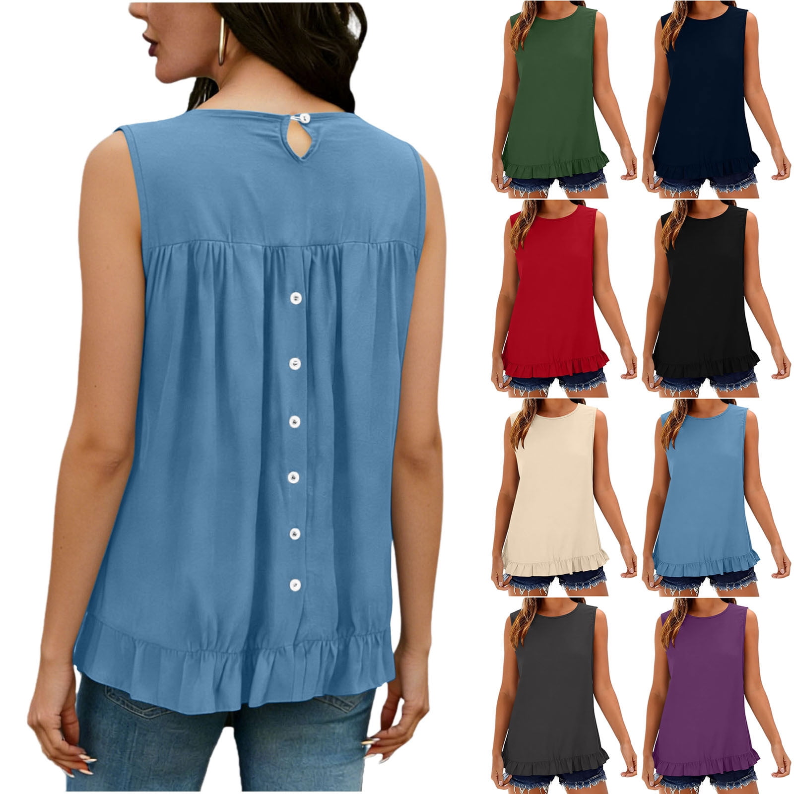 Antinious Women Round Neck Sleeveless Solid Button Pullover Tops ...