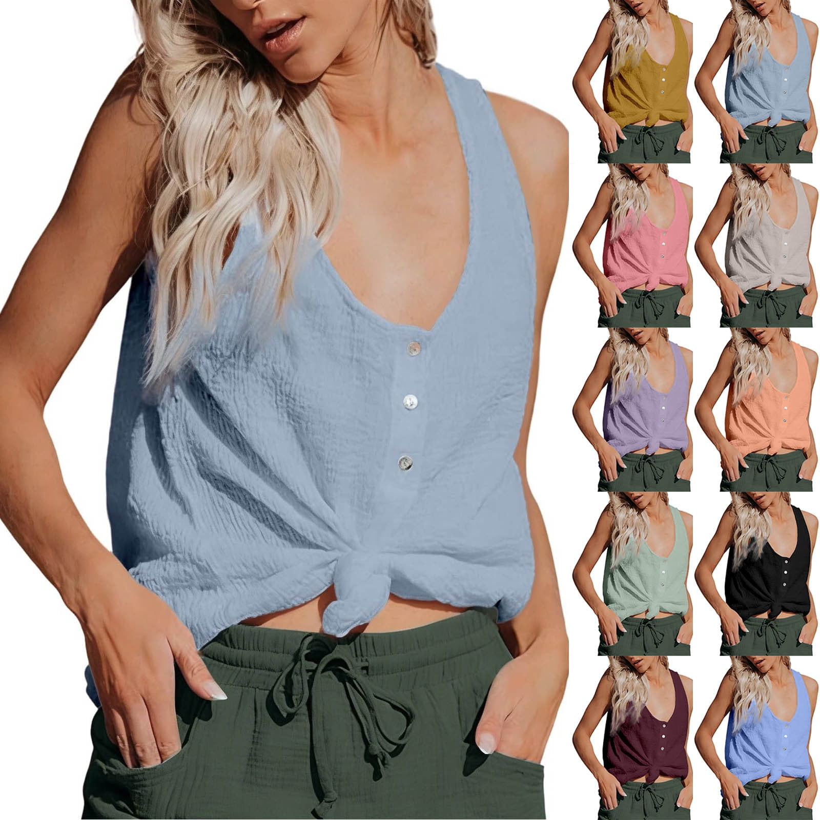 Antinious Women Round Neck Sleeveless Solid Double Layer Ruched Button ...