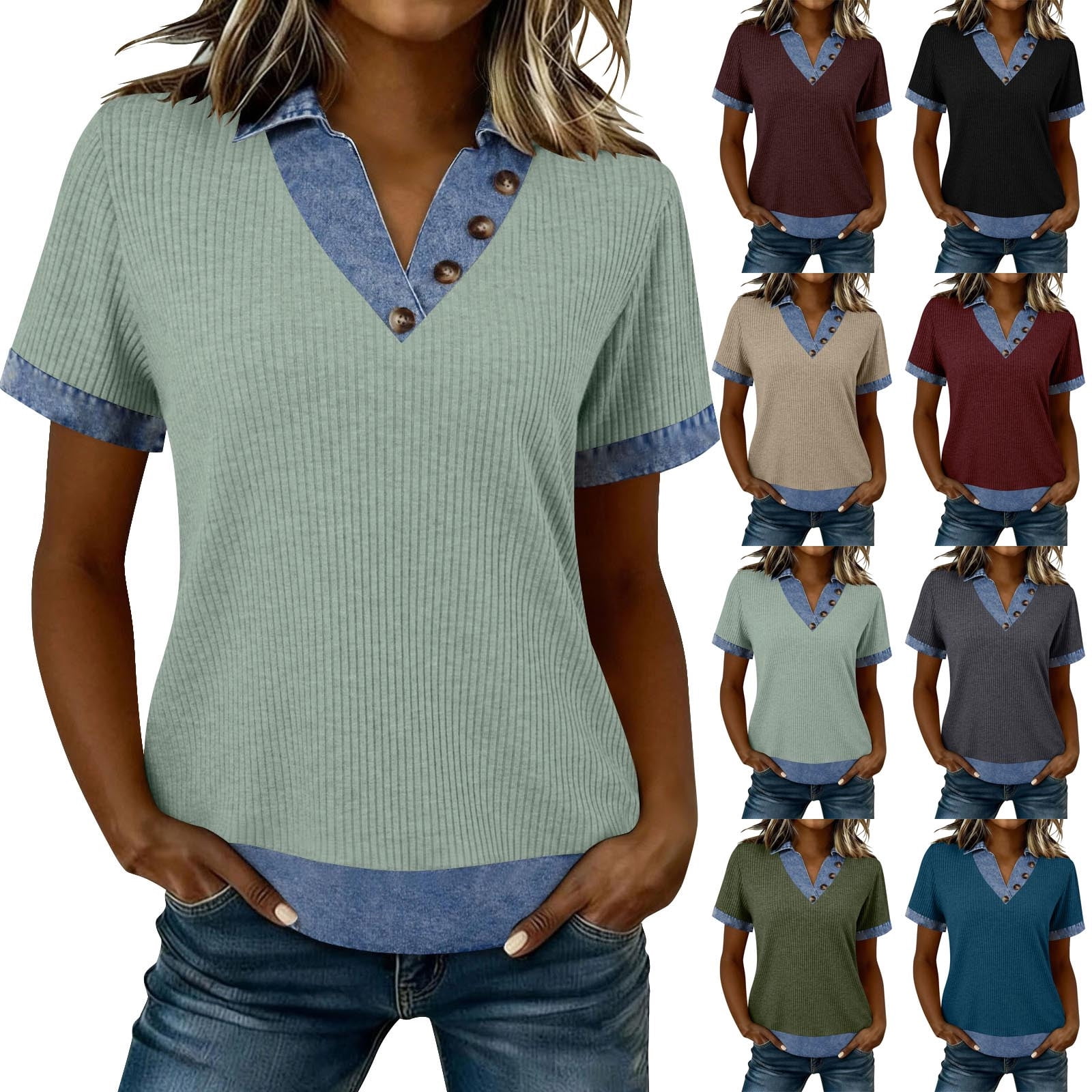 Antinious Women Short Sleeve Denim Look Patchwork Running Tops ...