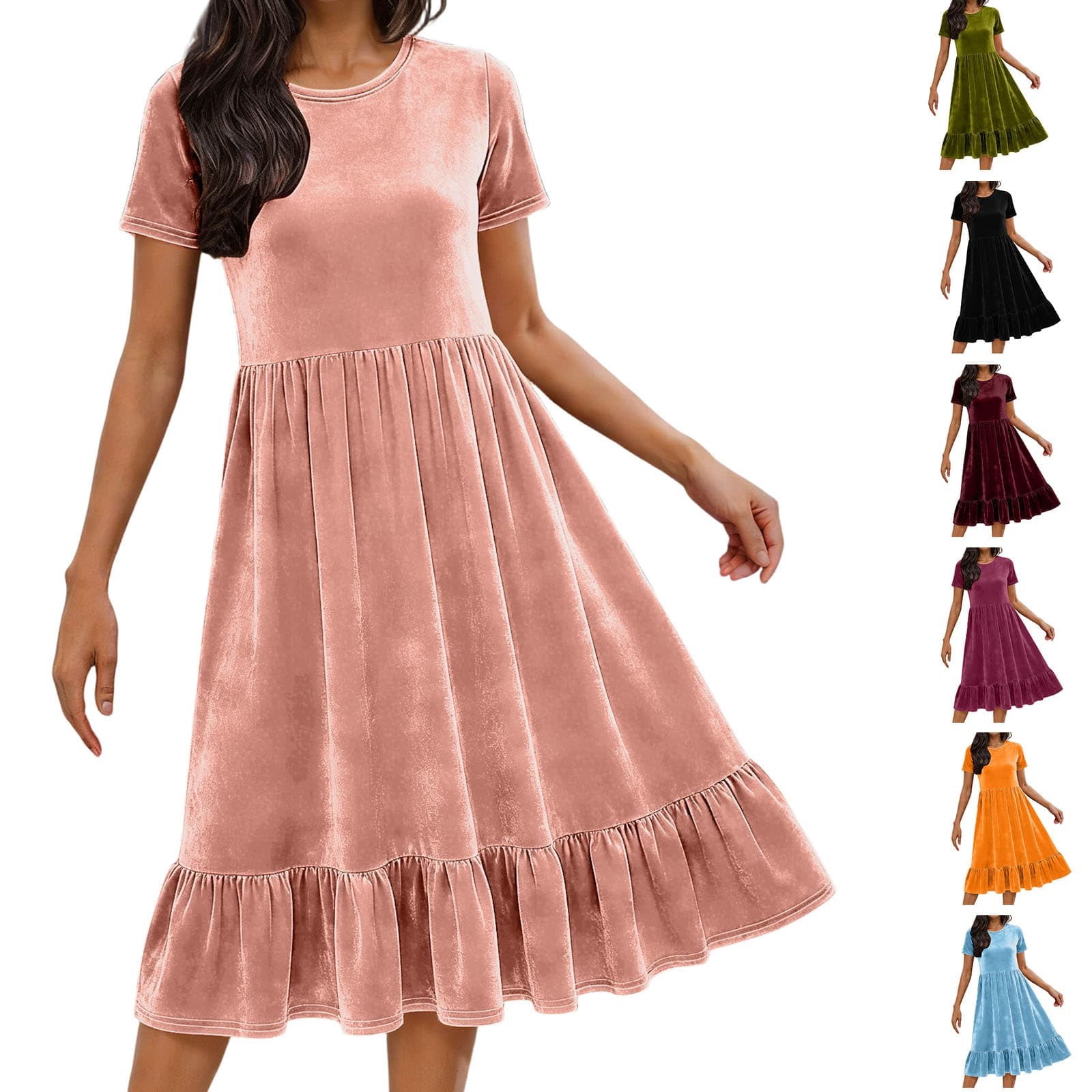 Antinious Women Short Sleeve Round Neck Solid Velvet Loose Casual Dress ...