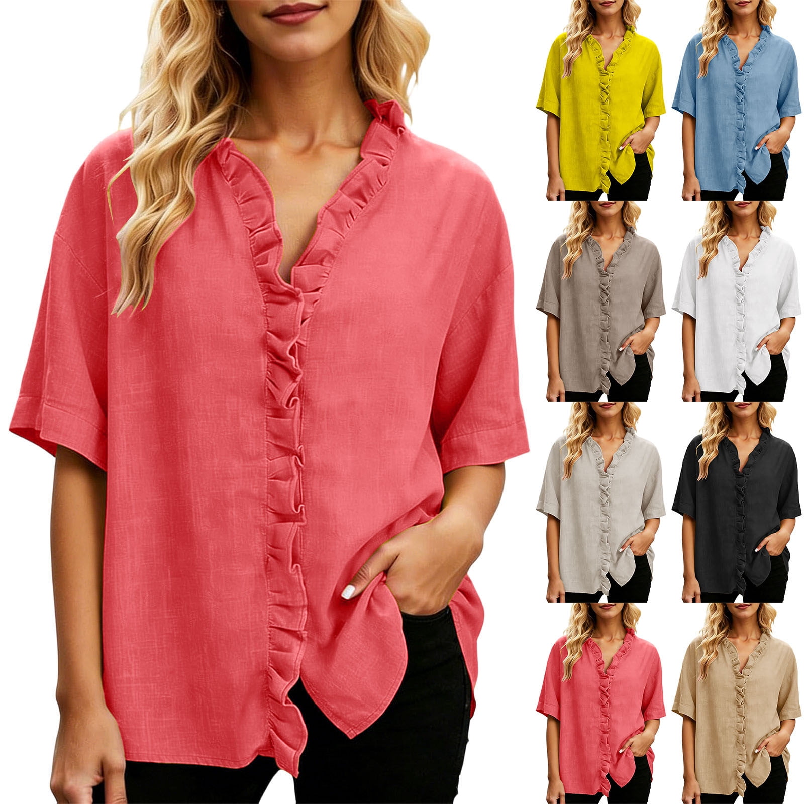 Antinious Women Short Sleeve Solid Lace Placket Loose Open Style ...