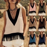 Antinious Women Sleeveless Solid Denim Tassel Casual Daily Tank Tops ...