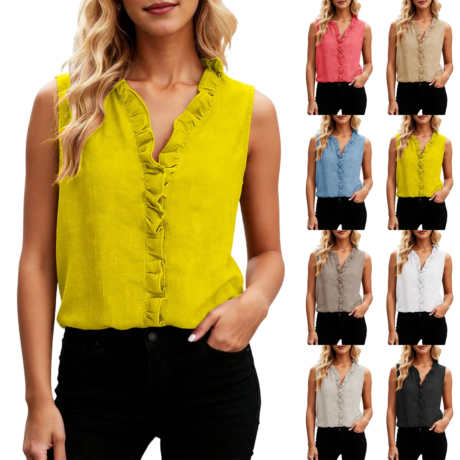 Antinious Women Sleeveless Solid Lace Placket Loose Open Style Blouses ...