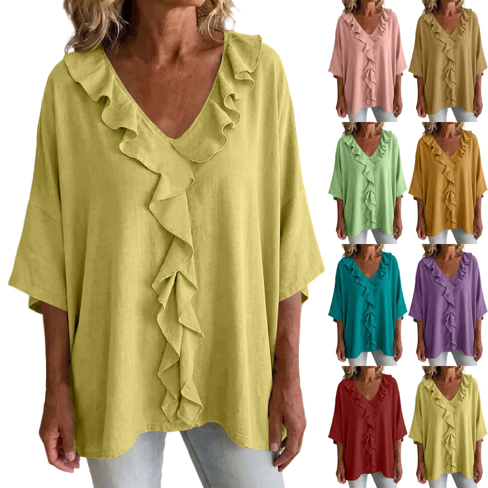Antinious Women Soft V-Neck Ruffle Front Adjustable Waist Loose 3/4 ...
