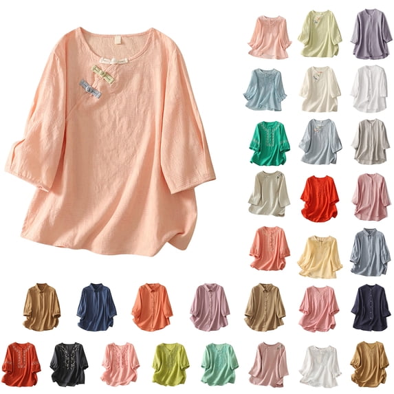 Antinious Women Solid 3/4 Sleeve Button Collared Embroidered Casual ...