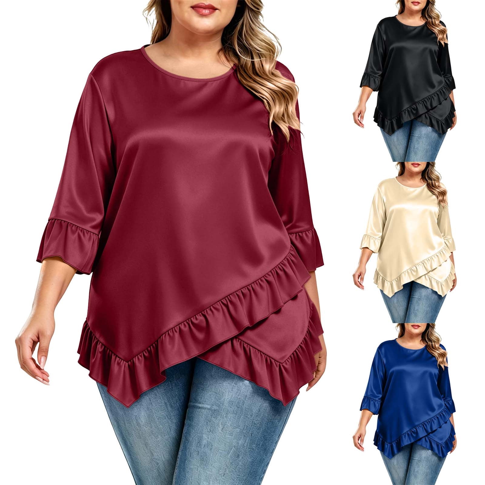 Antinious Women Solid 3/4 Sleeve Round Neck Pleated Ruffle Casual Going ...