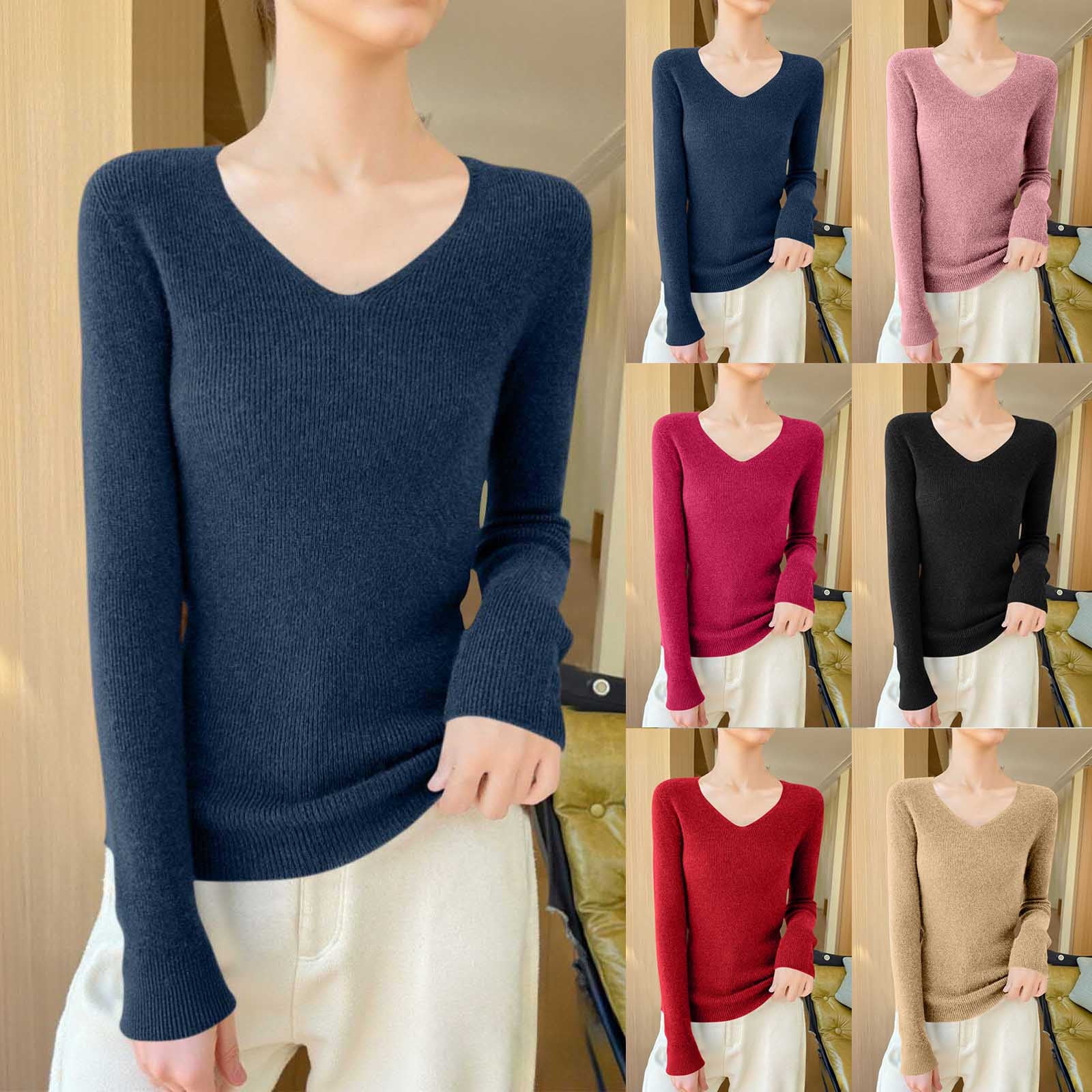 Antinious Women Solid Base Knit Long Sleeve V-Neck Pullover Casual ...