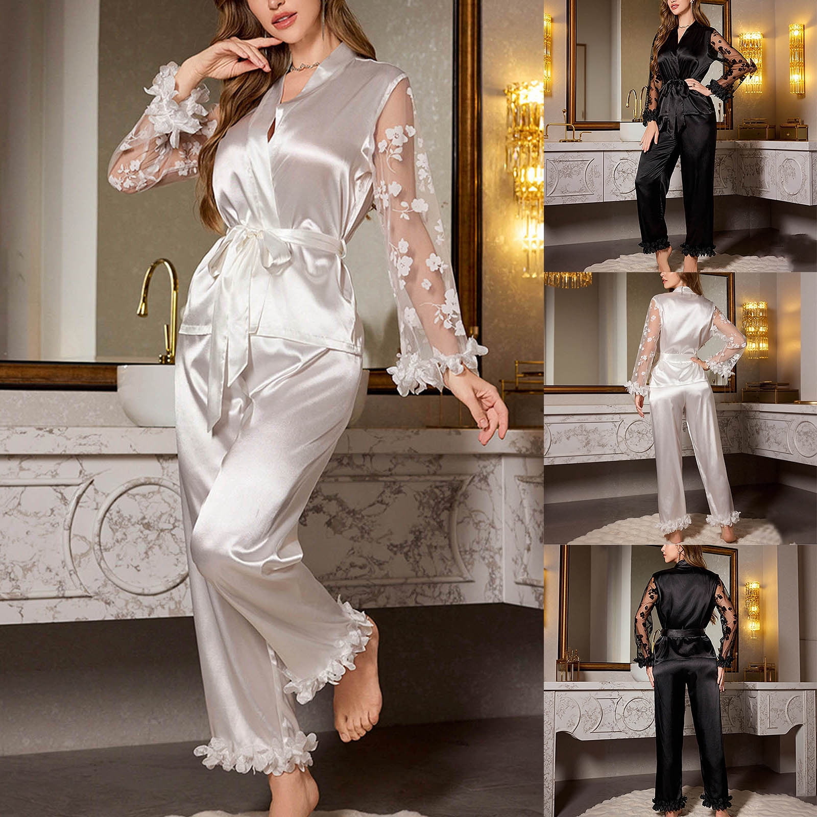 Antinious Women Solid Color 2 Piece Outfits Silk Like Satin Floral ...