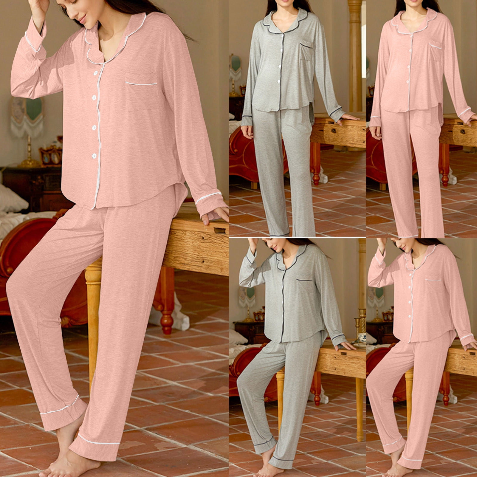 Antinious Women Solid Color Collar Long Sleeve Casual Home Wear 2 Piece ...