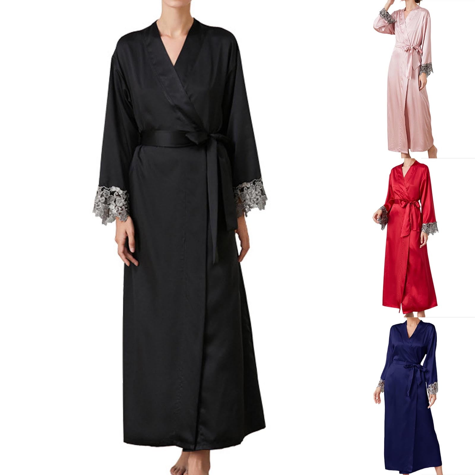 Antinious Women Solid Color Long Sleepwear Robe Lace Tie Waist Silk ...