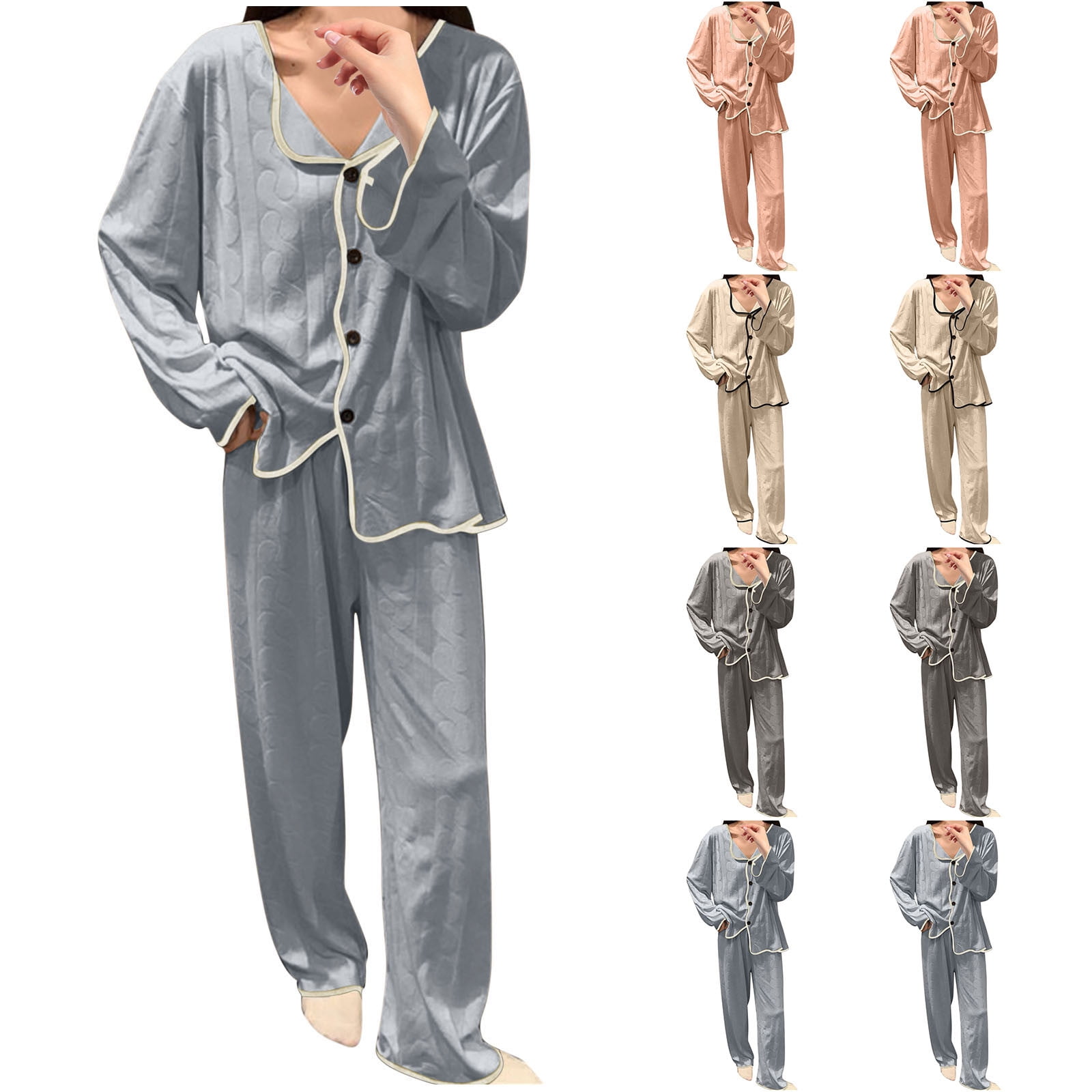 Antinious Women Solid Color Long Sleeve 2 Piece Pajamas with Pockets ...