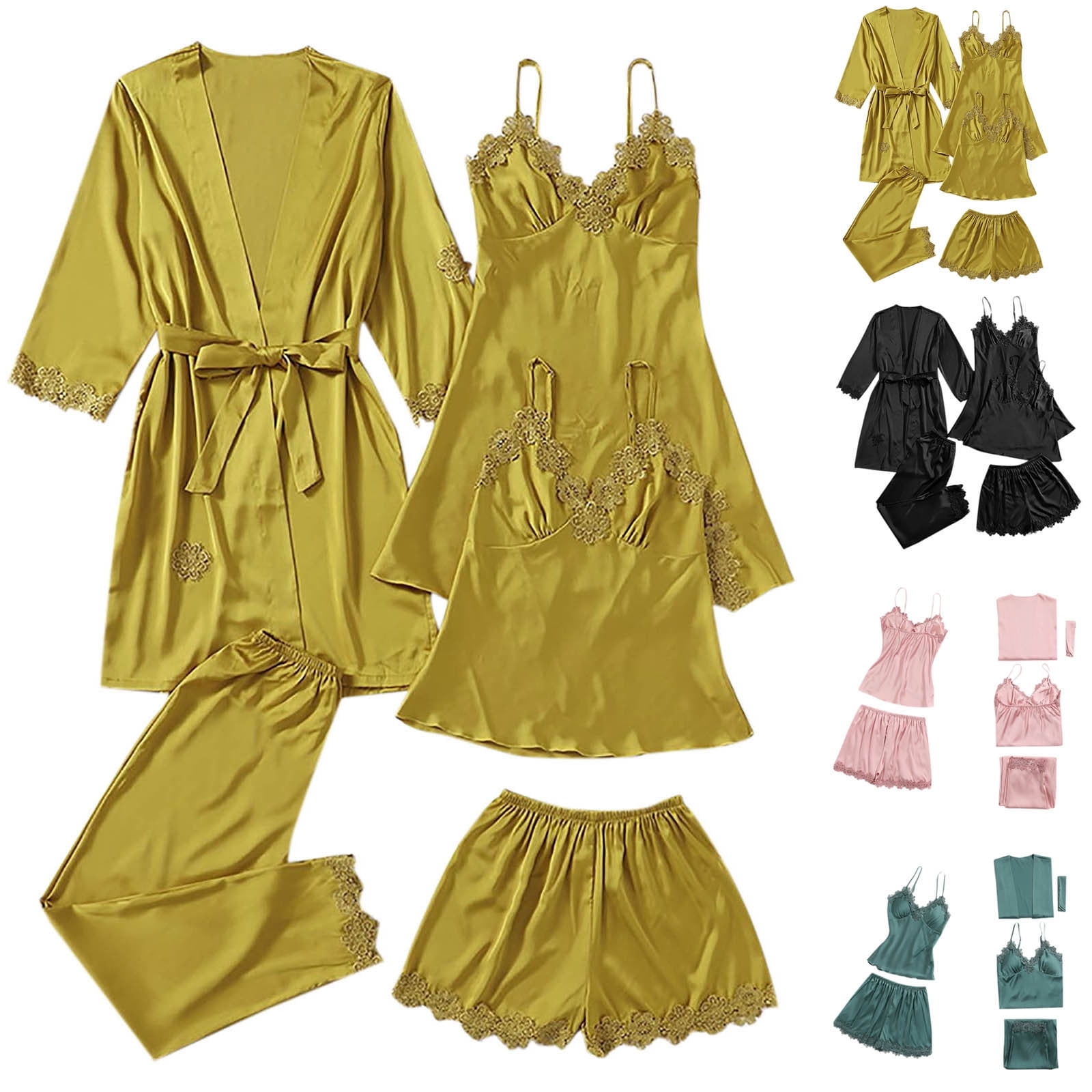Antinious Women Solid Tank Top Shorts Long Pants Robe Sleepwear Set ...